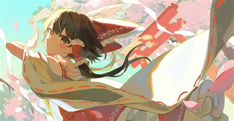 Jill 07km Hakurei Reimu Touhou Highres 1girl Bare Shoulders Blush Bow Brown Eyes Brown