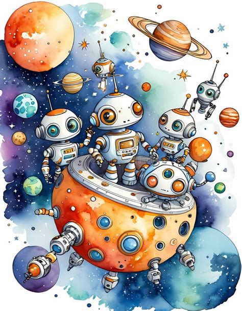 A Cute And Friendly Robots In The Outer Space Stasion Planets And Stars Float Over Them White