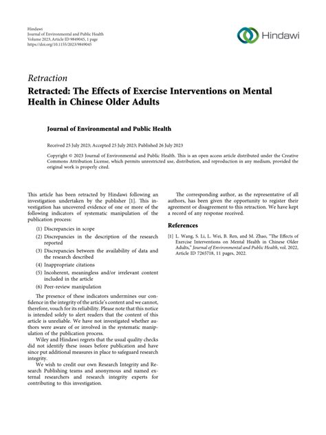 Pdf Retracted The Effects Of Exercise Interventions On Mental Health In Chinese Older Adults