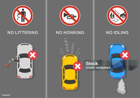 교통 규제 요령 및 규칙 표지판 및 도로 표시 의미 쓰레기 투기 금지 경적 금지 및 공회전 금지 표지판 도시 도로의 최고 전망입니다 감정에 대한 스톡 벡터 아트 및 기타
