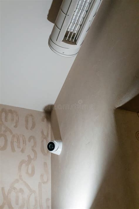 Surveillance Camera Is In The Corner Of The Cafe Room Video Recording Device For Monitoring