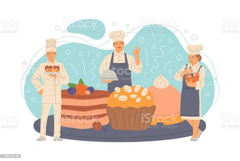 만화 요리사 요리사 와 패스트리 제품 플랫 벡터 일러스트 고립 사람들에 대한 스톡 벡터 아트 및 기타 이미지 사람들 만화 오븐에 굽기 Istock