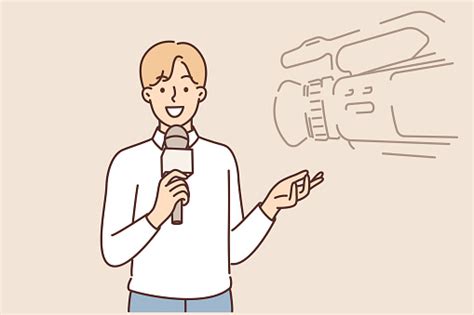 마이크를 가진 남자 기자는 Tv 다큐멘터리를 촬영하는 전문 비디오 카메라 근처에 서 있다 개념에 대한 스톡 벡터 아트 및 기타 이미지 개념 남자 녹음 장비 Istock