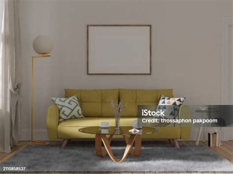 프레임 모형 내부 프레임 포스터 나무 프레임 요소 및 거실 빈 그림 인테리어 노란색 소파와 테이블 나무 바닥 아늑한 일러스트