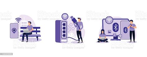 데이터 전송 공용 Wifi 핫스팟 이더넷 기술 무선 장치 연결 웹 인프라 컴퓨터 네트워크 플랫 벡터 현대 일러스트 레이 션 설정