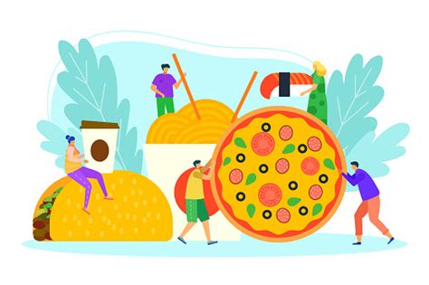 패스트 푸드 식사 벡터 일러스트 거대한 만화 패스트 푸드 근처 사람 남자 사람 캐릭터 카페에서 간식을 먹는 작은 여자 남자 햄버거에 대한 스톡 벡터 아트 및 기타 이미지