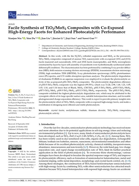 Facile Synthesis Of Tio2 Mos2 Composites With Co Exposed High Energy Facets For Enhanced