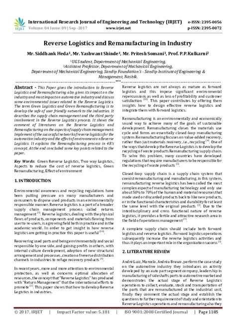 Pdf Reverse Logistics And Remanufacturing In Industry