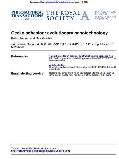 Gecko Adhesion Evolutionary Nanotechnology Phil Tr Pdf Pdf Friction Adhesion