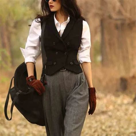 Womans Vest Black Woolen Elegant Ol Waistcoat Tailored Collar Double