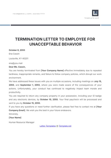 Free Termination Letter To Employee For Unacceptable Behavior Template To Edit Online