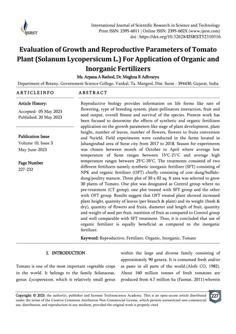 Pdf Evaluation Of Growth And Reproductive Parameters Of Tomato Plant