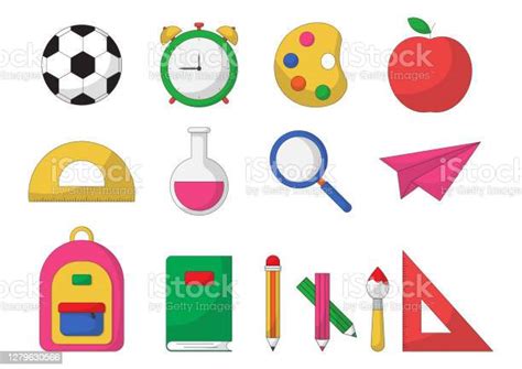 학교 용품 세트 흰색 배경에 격리 된 교육 항목 벡터 일러스트레이션 가방에 대한 스톡 벡터 아트 및 기타 이미지 가방 가위 개념 Istock