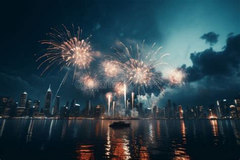 Vibrant Fireworks Display Casting A Mesmerizing Glow Over The Captivating City Skyline Stock