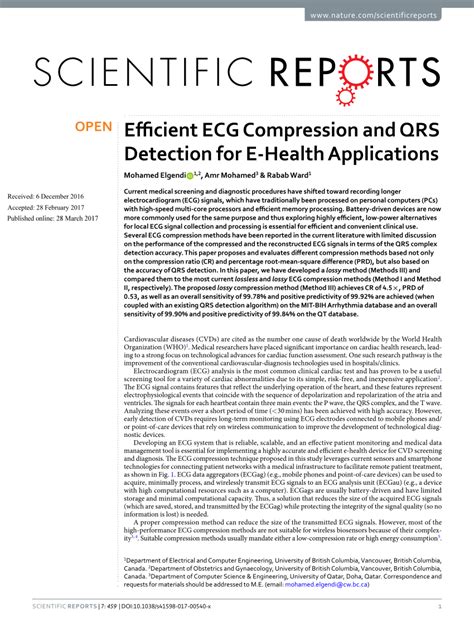 Pdf Efficient Ecg Compression And Qrs Detection For E Health Applications