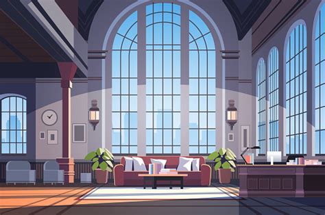 창조적 인 빈 사람이 없는 아파트 기업 또는 프리랜서 작업을 위한 가구가 있는 열린 공간의 현대적인 로프트 인테리어 홈 오피스