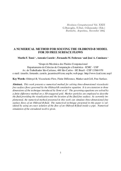 Pdf A Numerical Method For Solving The Oldroyd B Model For 3d Free