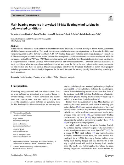 Pdf Main Bearing Response In A Waked 15 Mw Floating Wind Turbine In Below Rated Conditions