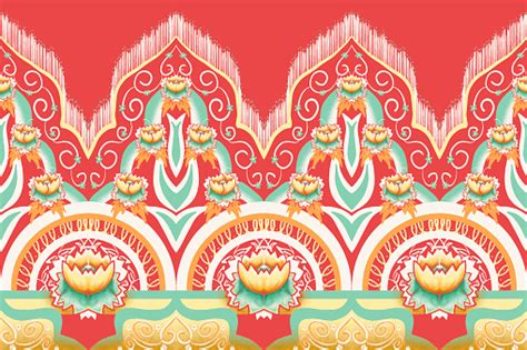 노란색 녹색 빨간색오렌지 꽃 기하학적 민족 동양 패턴 배경 카펫 벽지 의류 포장 바틱 직물 벡터 일러스트 자수 스타일에 대한 전통적인 디자인 0명에 대한 스톡 벡터 아트 및