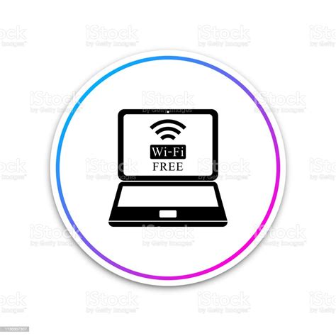 노트북 및 무료 와이파이 무선 연결 아이콘 흰색 배경에 고립입니다 무선 기술 와이파이 연결 무선 네트워크 핫스팟 개념 동그라미 흰색 버튼 벡터 일러스트 개념에 대한 스톡