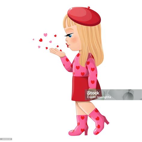 발렌타인 데이 금발 머리 소녀 측면도 부는 마음 평면 벡터 일러스트 레이 션 발렌타인 데이 축하 만화 벡터 귀여운에 대한 스톡