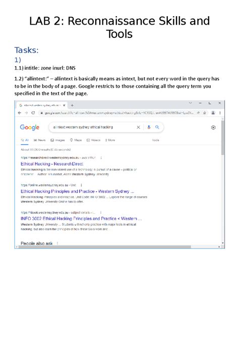 Lab 2 Reconnaissance Skills And Tools Lab 2 Reconnaissance Skills And Tools Tasks 1 Intitle