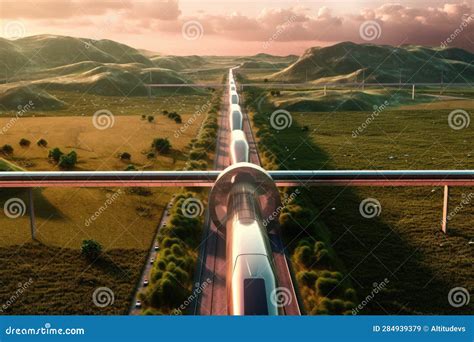 Aerial View Of A Hyperloop Train Speeding Through The Landscape Stock