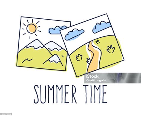 손으로 그린 갤러리 그림과 텍스트 여름 시간의 벡터 그림 풍경 산과 필드와 만화 낙서 사진 흰색 배경에 격리 개념에 대한 스톡 벡터 아트 및 기타 이미지 Istock