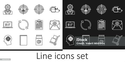 세트 라인 핸드 트럭과 상자 메일 이메일 달러로 대상 새로 고침 노트북의 졸업 모자 헤드 기어 내부 클립 보드 치과 카드 및 사냥 아이콘 벡터 가방에 대한 스톡 벡터 아트