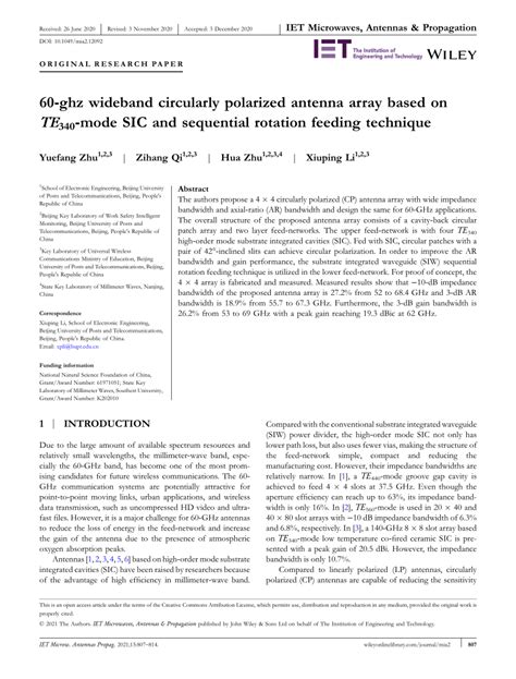 Pdf 60‐ghz Wideband Circularly Polarized Antenna Array Based On Te 340 ‐mode Sic And