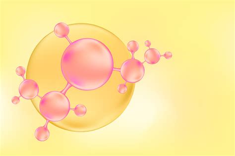 노란색 수채화 배경에 밝은 분홍색 분자 히알루론산 또는 콜라겐 3d 세포 화장품을 위한 복사 공간이 있는 뷰티 벽지 생명 과학 아이콘 과학에 대한 스톡 벡터 아트 및 기타