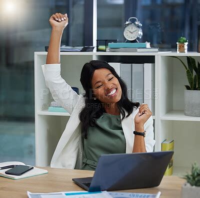 Celebration Laptop And Professional Black Woman In The Office With