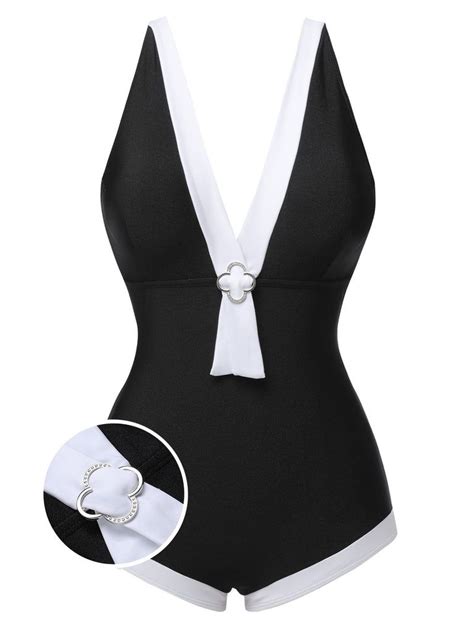 Black 1960s V Neck Patchwork One Piece Swimsuit In 2025 Swimsuits