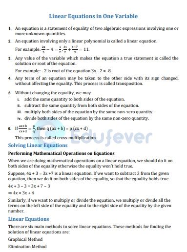 Class 8 Maths Chapter 2 Linear Equations In One Variable Worksheet