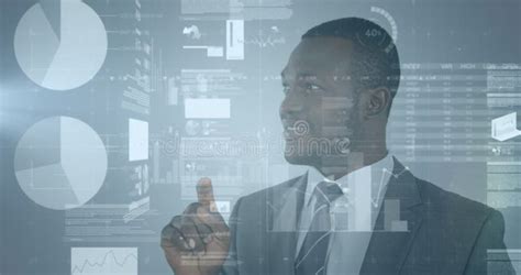 Statistical Data Processing Against African American Businessman Touching An Invisible Screen