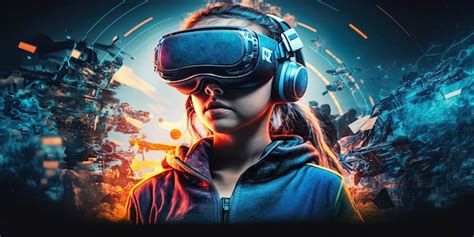 Vr 가상 현실 공간 미래형 네온 화려한 스마트 시티 배경에서 재미있는 놀이를 하는 십대 프리미엄 사진