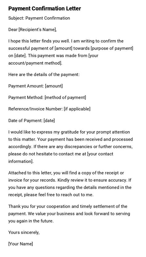 Payment Acknowledgment Confirmation Letter