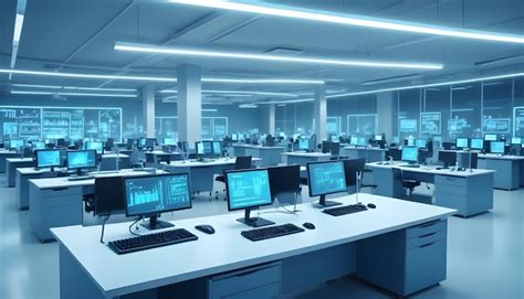 A Computer Lab With Computers And Monitors On The Desk Premium Ai Generated Image
