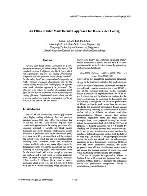 An Efficient Inter Mode Decision Approach For H264 Video Coding Pdf