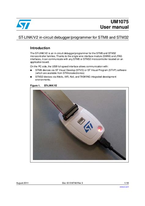 Stmicroelectronics St Linkv2 In Circuit Debugger Programmer User Manual