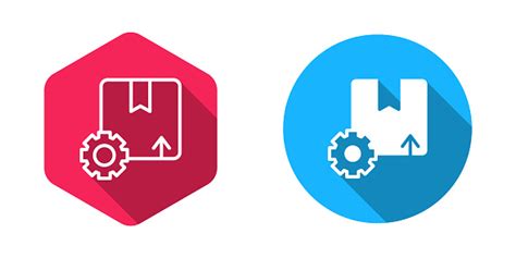 채워지고 윤곽이 그려진 기어 휠 패키지 상자 아이콘 긴 그림자 배경으로 격리되어 있습니다 상자 패키지 소포 기호 배송 및 포장 벡터 가득 찬에 대한 스톡 벡터 아트 및 기타