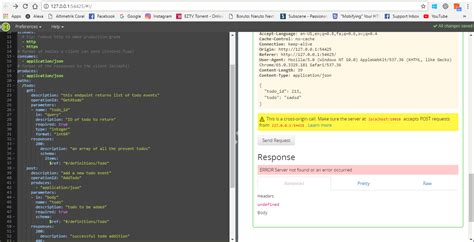 Node Js ERROR Server Not Found Or An Error Occurred While Using Swagger Spec Post Method