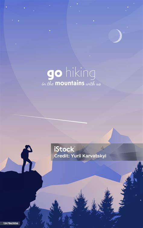 남자는 자연을 본다 상단에 여행자 자연을 발견하고 탐험하고 관찰하는 여행 개념 하이킹 관광 모험 미니멀 한 그래픽 전단지 다각형 플랫 디자인 벡터 그림입니다 산에 대한 스톡