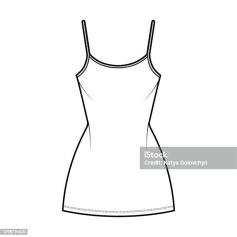캐미솔 드레스 테크니컬 패션 일러스트와 스쿱 넥 스트랩 미니 길이 몸에 맞는 연필 의 충만 플랫 0명에 대한 스톡 벡터 아트 및 기타 이미지 Istock