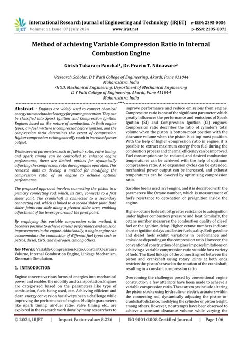 Pdf Method Of Achieving Variable Compression Ratio In Internal Combustion Engine