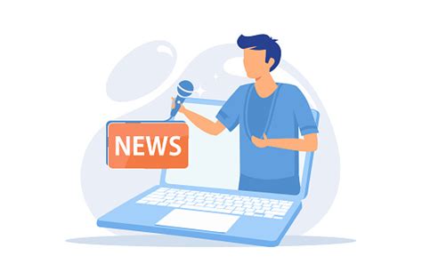 매스 미디어 기자 만화 캐릭터 매일 뉴스 방송 온라인 언론 인터넷 저널리즘 소셜 미디어 개념 특파원 기자 벡터 일러스트 레이 션 개념에 대한 스톡 벡터 아트 및 기타 이미지