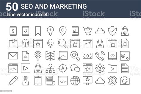 50 서 및 마케팅 아이콘의 집합입니다 디지털 그리기 브라우저 통신 컴퓨터 핸드폰 편집 도구와 같은 얇은 선 아이콘의 윤곽선 가방에 대한 스톡 벡터 아트 및 기타 이미지