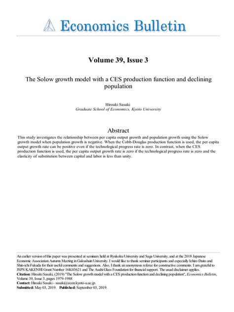 The Solow Growth Model With A Ces Production Function And Declining Pdf Economic Growth