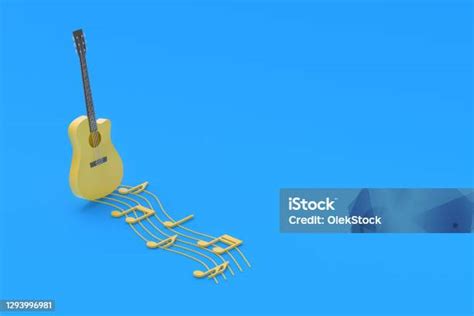 하나의 빈티지 기타와 파란색 배경에 다른 노트 복고풍 현악기 음악 교육 라이브 콘서트 컨셉 어쿠스틱 사운드 공간을 복사합니다 3d 렌더링 0명에 대한 스톡 사진 및 기타