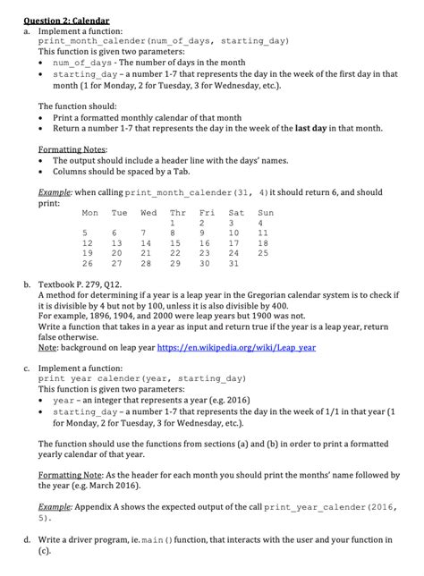 Solved Question 2 Calendar A Implement A Function